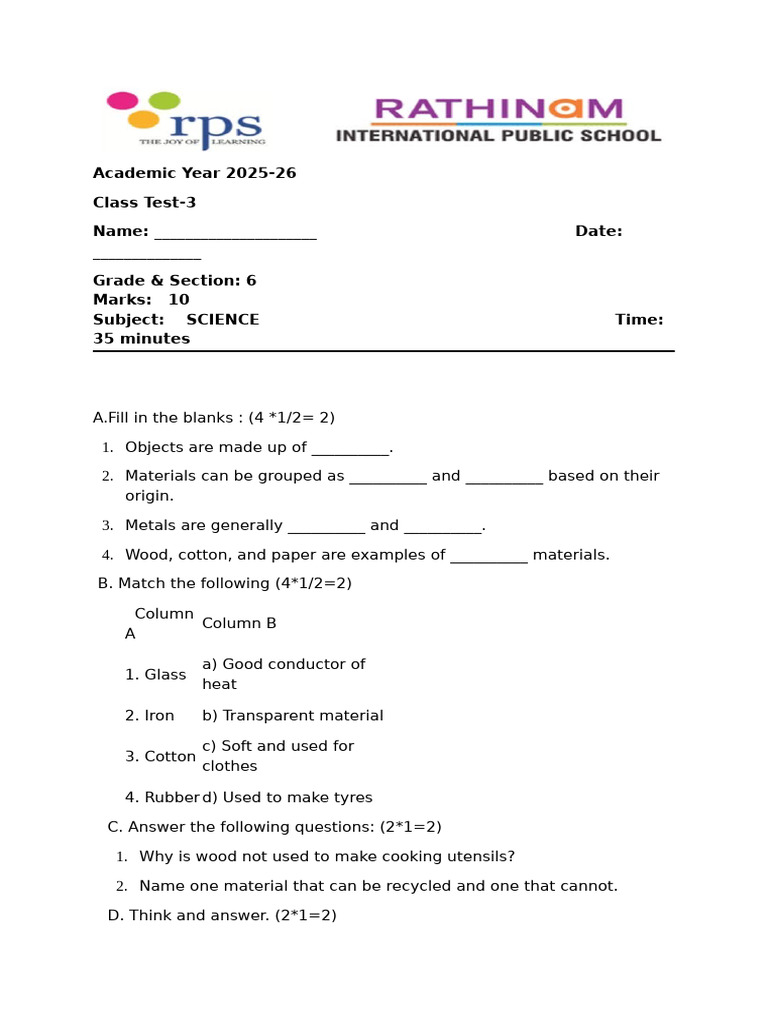 Grade 6 Science Class Test 2025-26 | PDF
