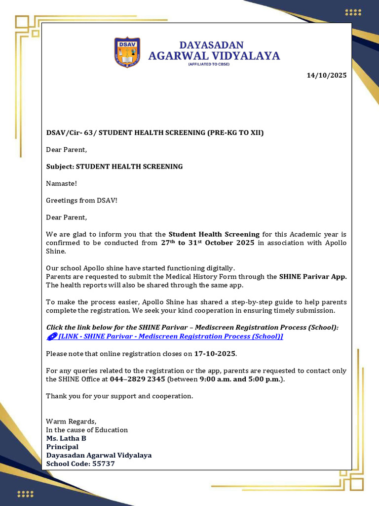 Dsav Circular 63 - Student Health Screening (Pre-Kg To Xii) | PDF