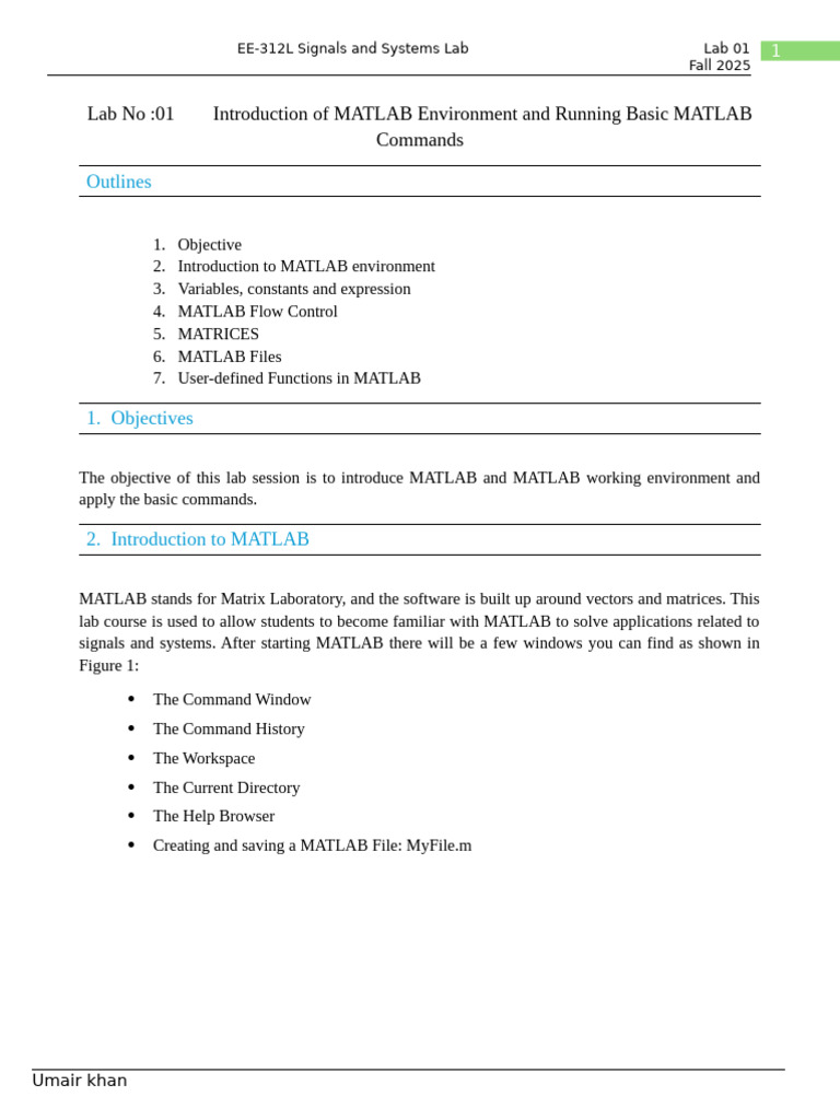 Lab No 01 | PDF | Matlab | Matrix (Mathematics)
