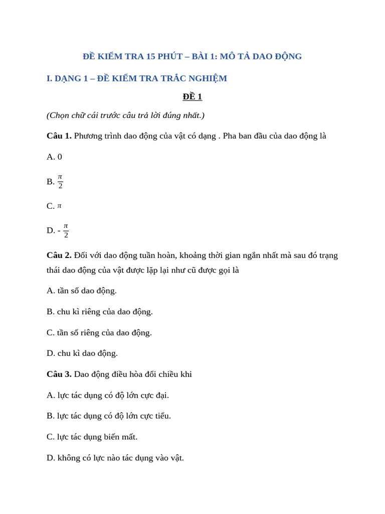 De Thi c1 Bai 1 Mo Ta Dao Dong | PDF