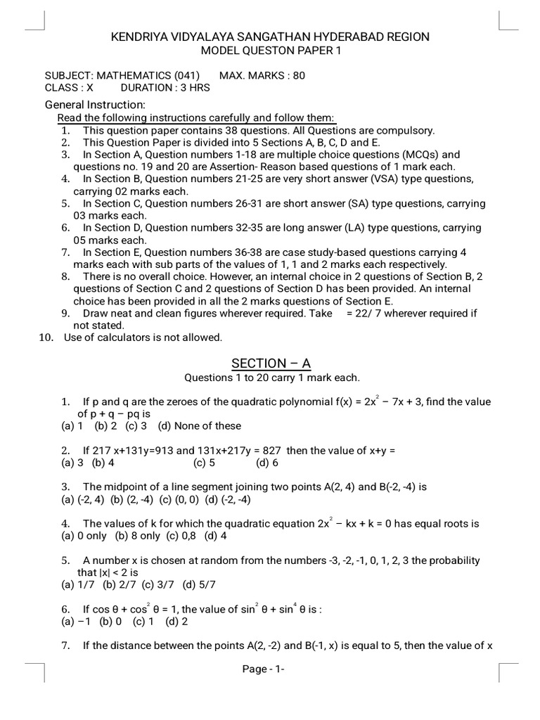 Class 10 KVS Mathematics Sample Paper | PDF | Quadratic Equation | Zero ...