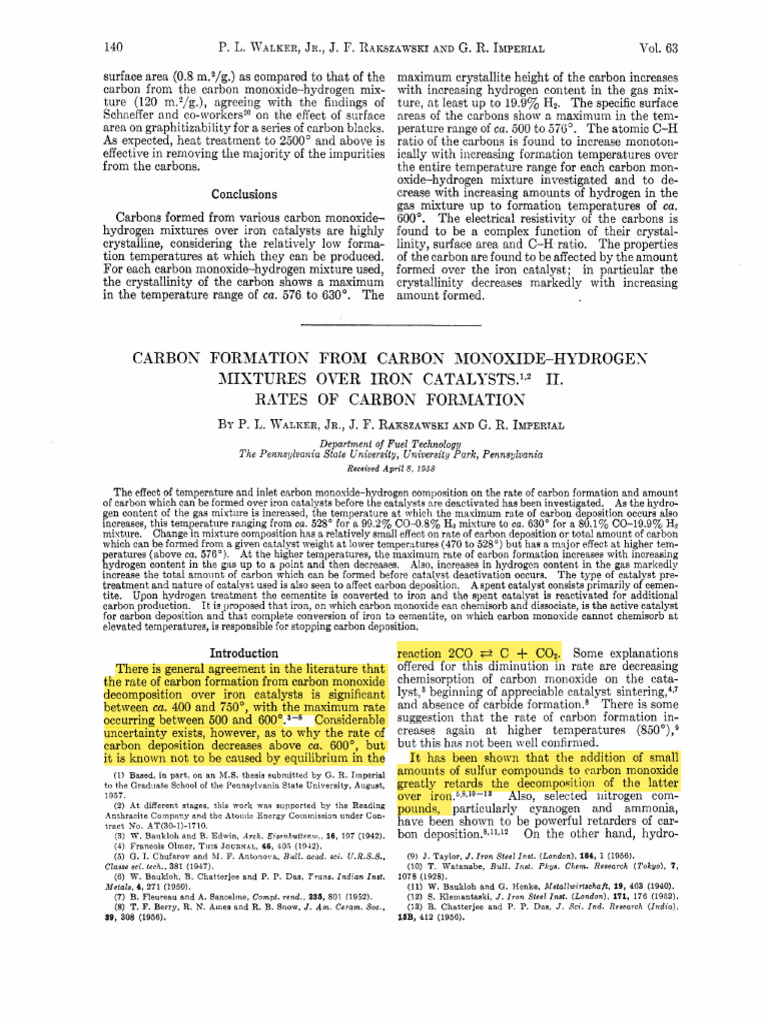 1959 Carbon Formation From CO-H2 Mixture Over Fe Catalyst - II. Rates ...
