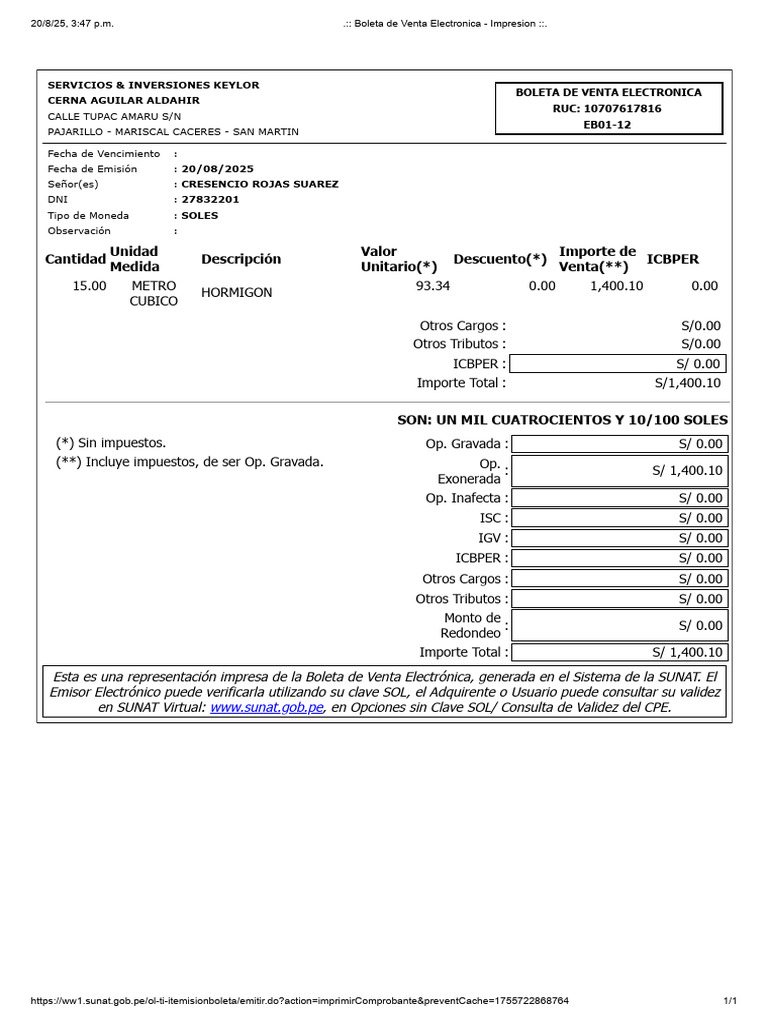 Boleta de Venta Electronica - 001 | PDF