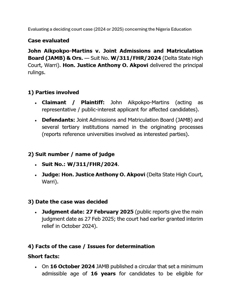 Court Ruling on JAMB Age Policy in Nigeria | PDF | Lawsuit | Judgment (Law)
