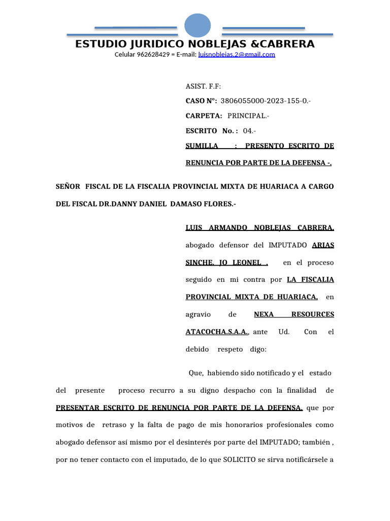 1 Arias Sinche, Jo Leonel - Renuncia Caso Penal | PDF