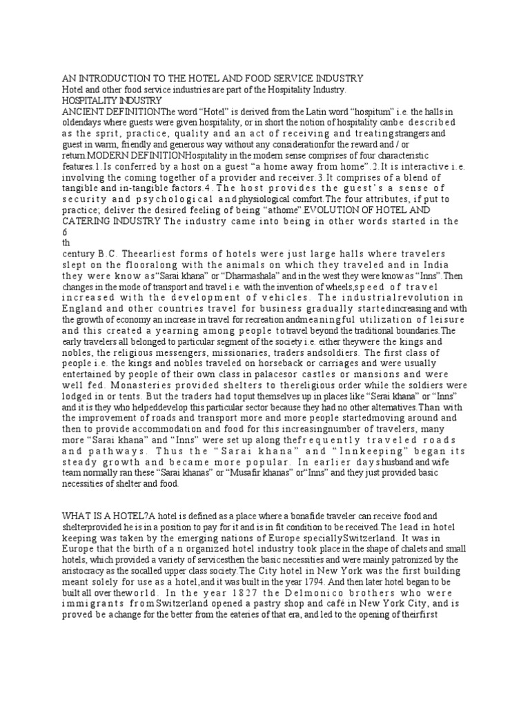 An Introduction To The Hotel and Food Service Industry. | PDF ...