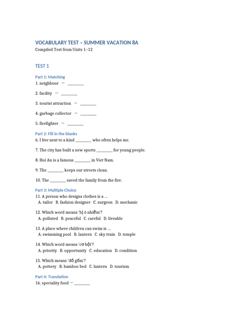 Vocabulary Test for Summer Vacation 8A | PDF | Vietnam