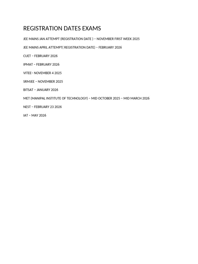 Registration Dates Exams | PDF