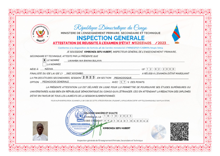 Attestation Lwamba Wa Bwina Bulaya | PDF