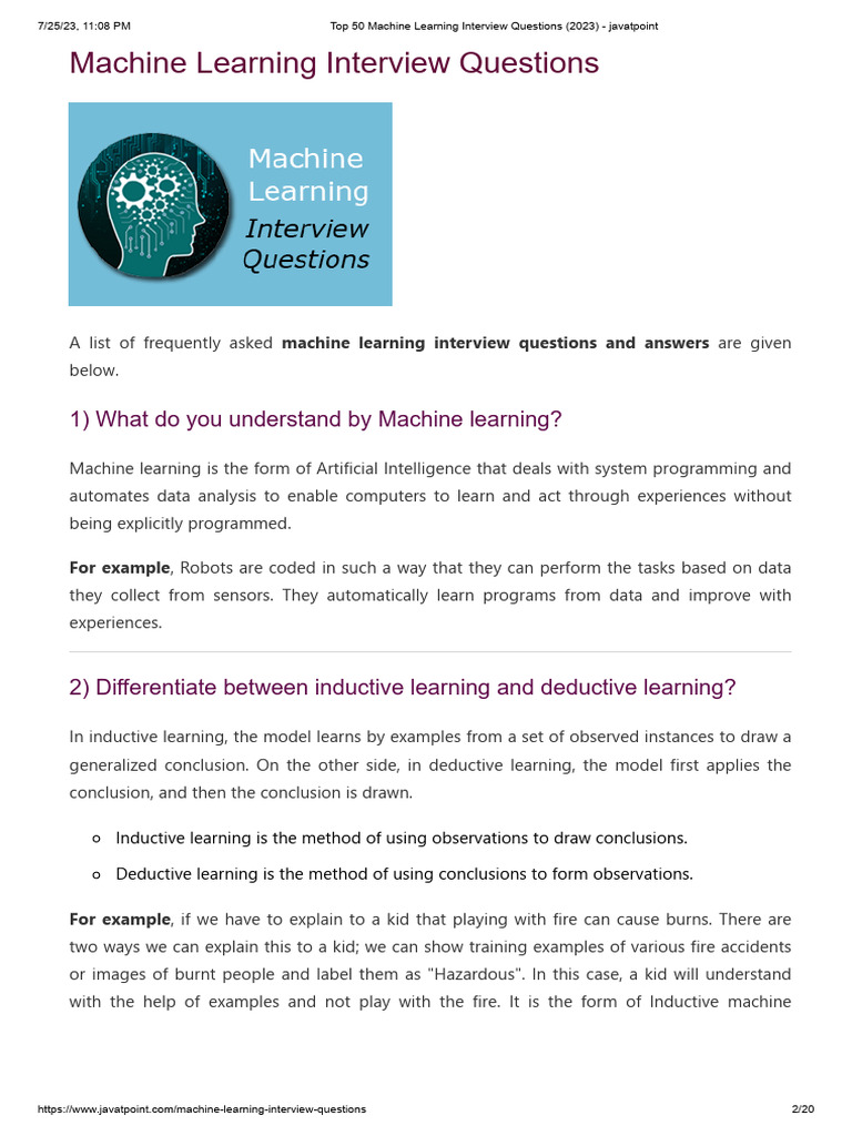 Top 50 Machine Learning Interview Questions (2023) - Javatpoint | PDF ...
