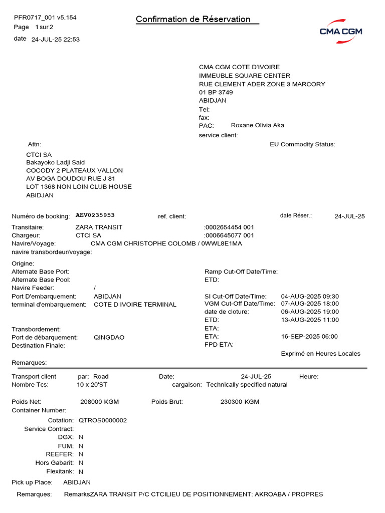 Confirmation de Réservation | PDF | Cargo | Bill Of Lading