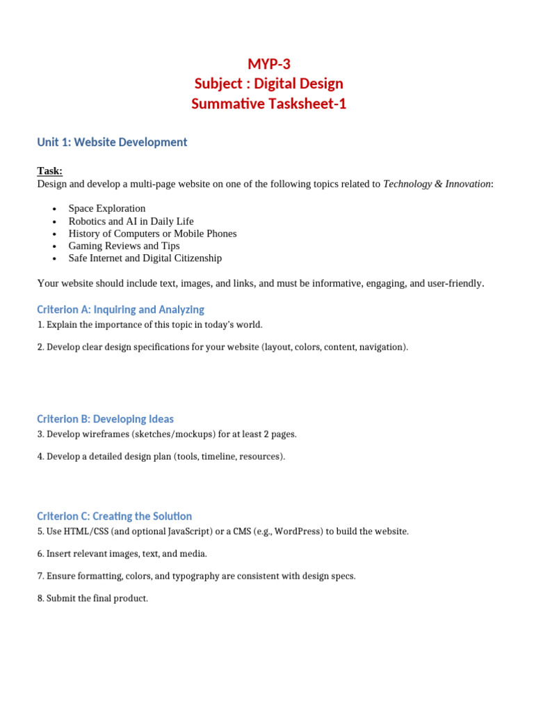 MYP3 Digital Design Summative Tasks 1-1 | PDF