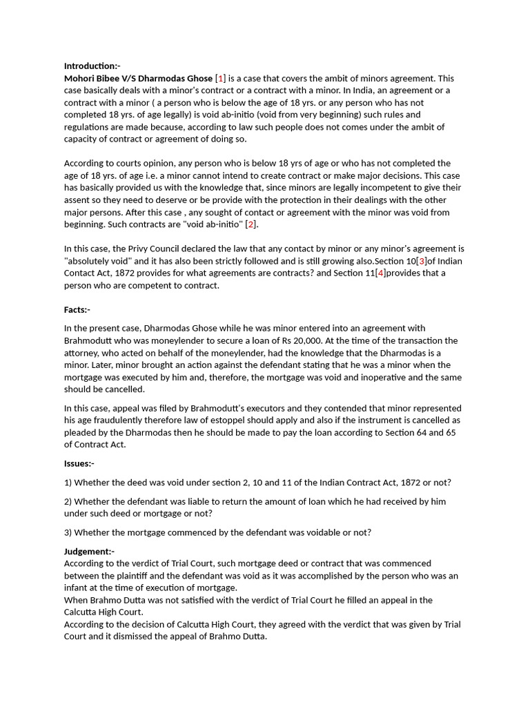 Minors' Contracts: Mohori Bibee Case Analysis | PDF | Common Law | Justice
