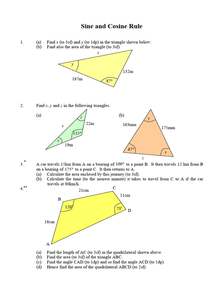 G9 Set 1 - The Sine and Cosine Rule Practice Questions | PDF