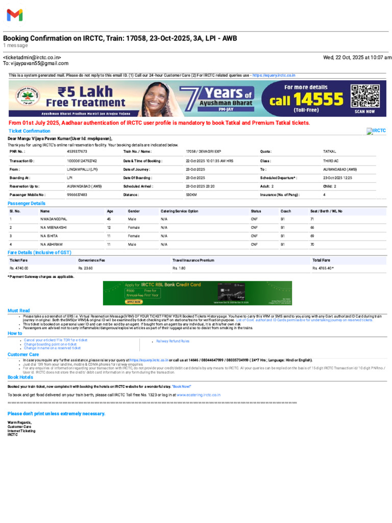 IRCTC Train Booking Confirmation Details | PDF | Credit Card | Banking ...