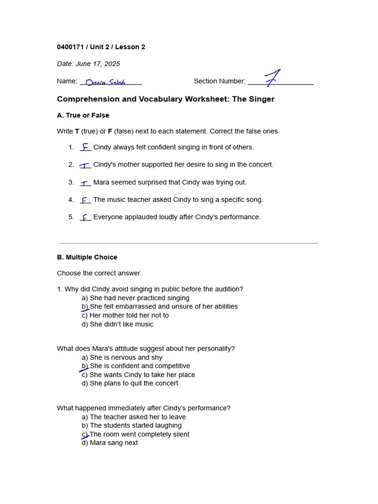 Comprehension Worksheet: The Singer | PDF