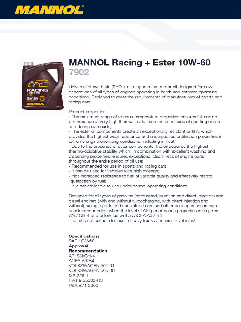 MANNOL Racing Ester 10W-60 Motor Oil | PDF