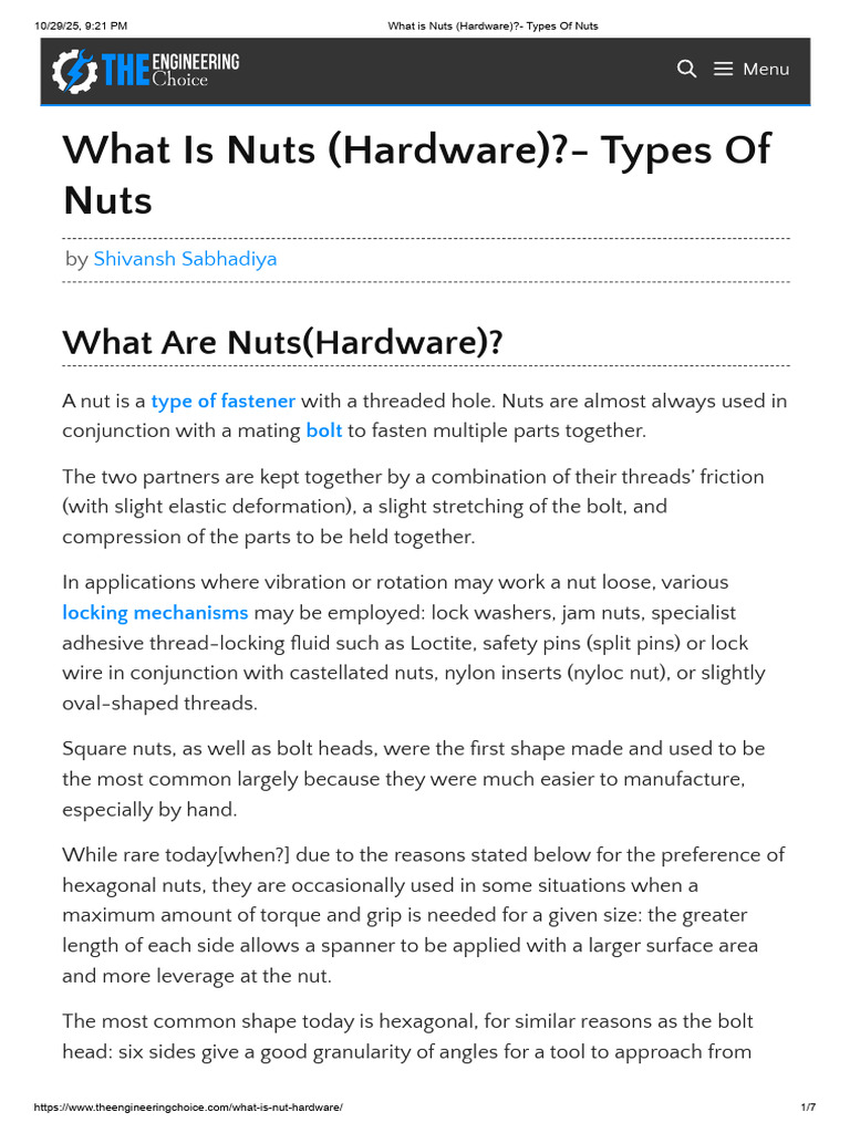 What Is Nuts (Hardware) - Types of Nuts | PDF | Nut (Hardware) | Screw