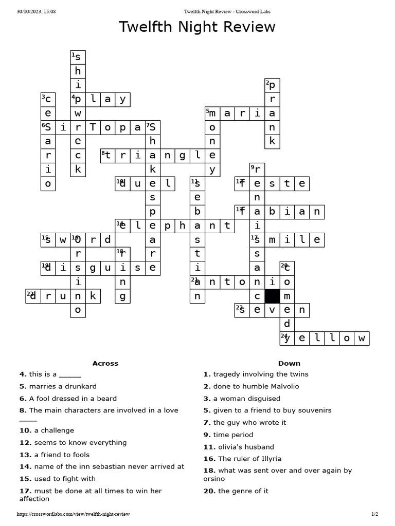 Twelfth Night Crossword Puzzle Review | PDF | Twelfth Night | Chess Theory