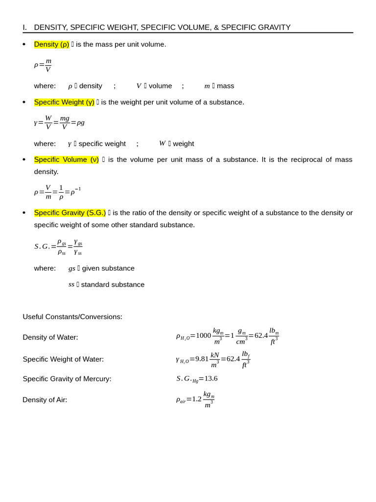 Density, Specific Weight, Specific Volume, & Specific Gravity | PDF