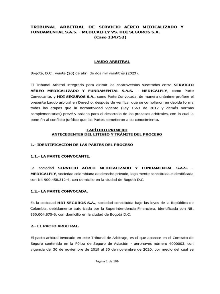 Laudo Arbitral MedicalFly vs HDI Seguros | PDF | Póliza de seguros | Seguro
