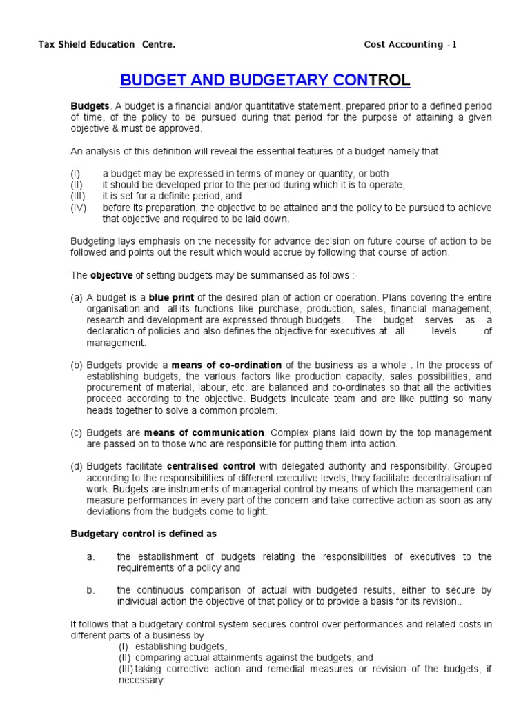 Budget and Budgetary Control | PDF | Cost Accounting | Budget