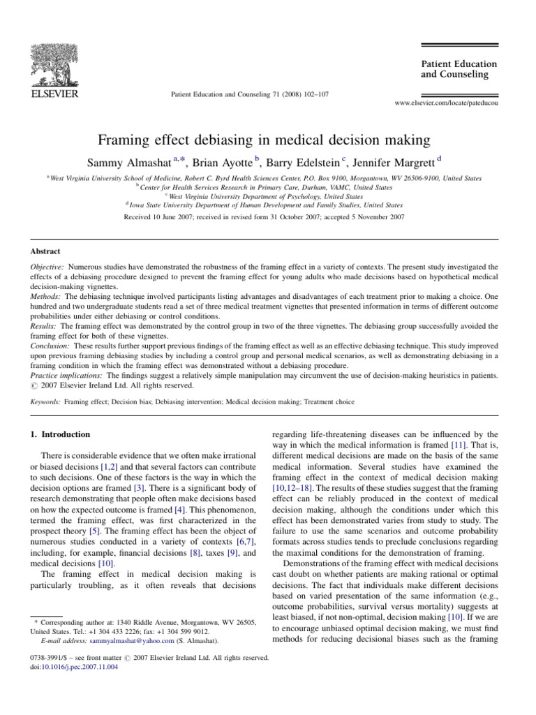 Framing Effect Debiasing in Medical Decision Making | PDF | Framing (Social Sciences) | Decision ...