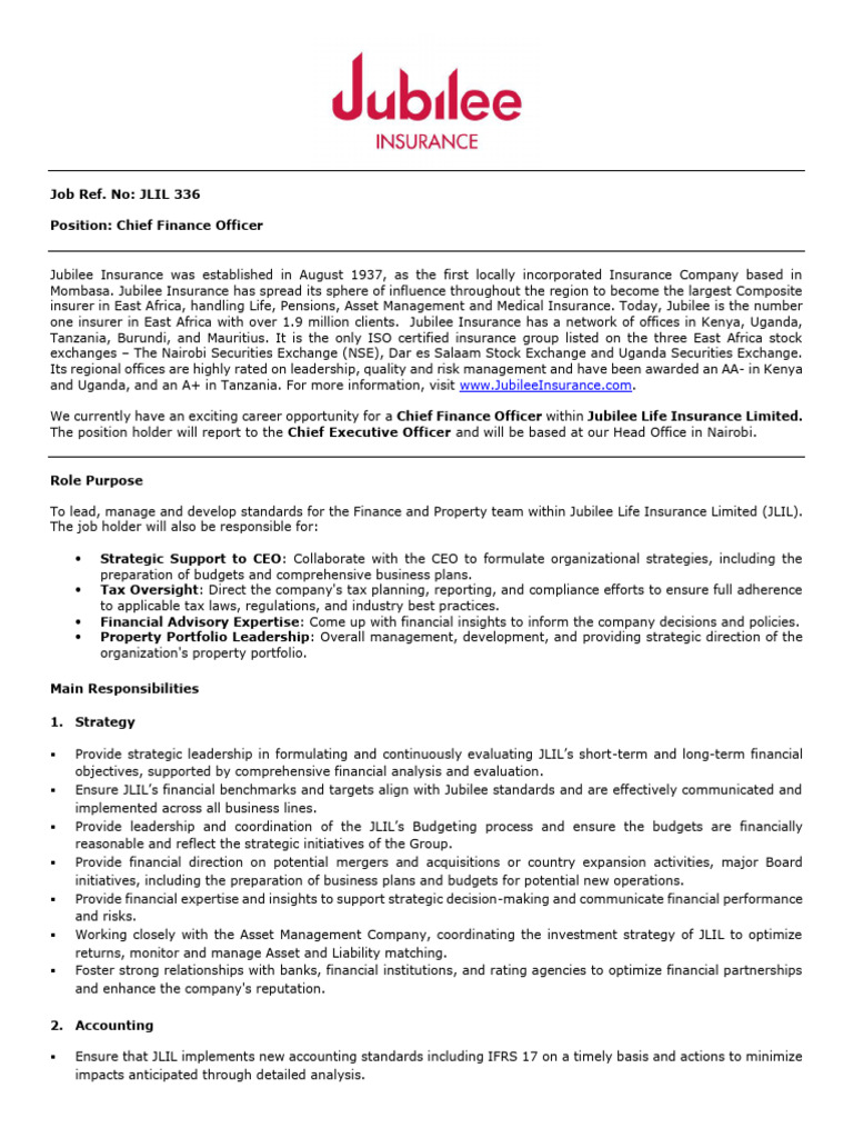 Chief Finance Officer Job at Jubilee Insurance | PDF | Regulatory ...