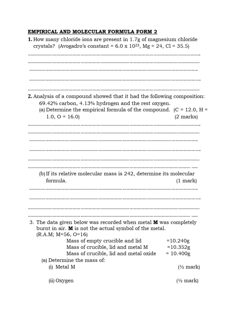 Empirical and Molecular Formula Calculations | PDF | Molecules | Magnesium