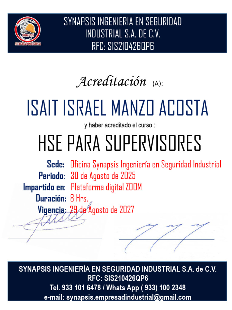 Acreditación Curso HSE Supervisores | PDF