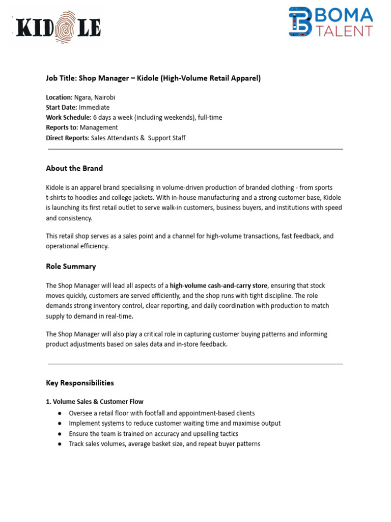 Shop Manager Job at Kidole Apparel | PDF | Sales | Inventory