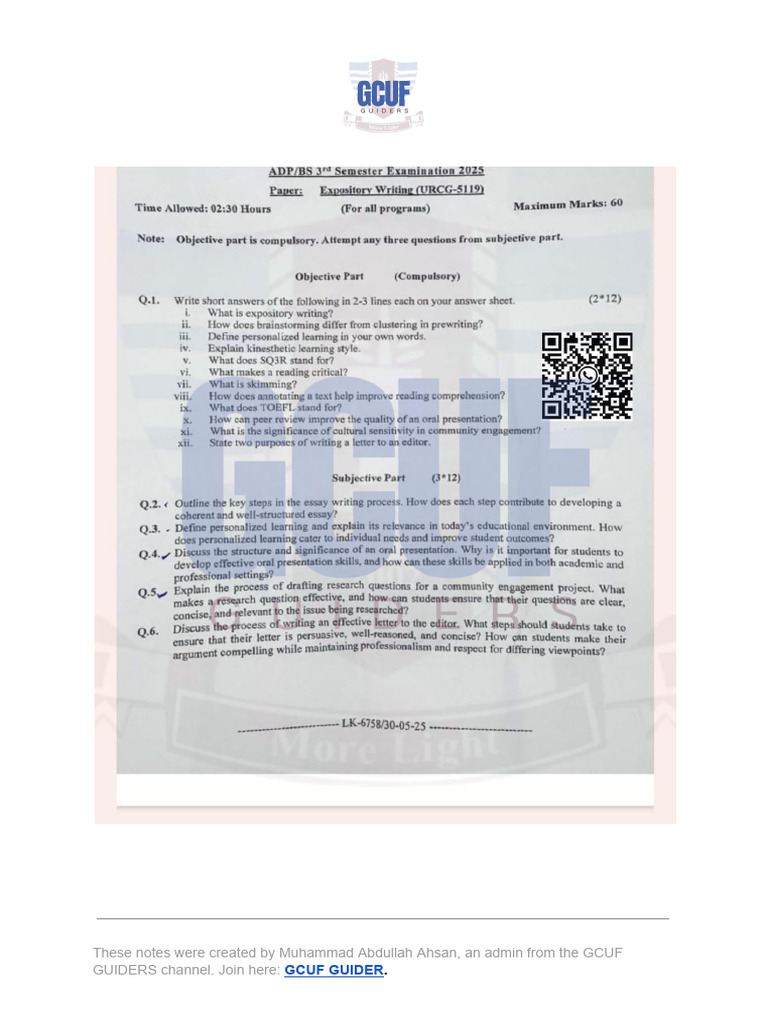 Expository Writing Past Paper Solution by GCUF Guiders | PDF | Critical Thinking | Learning