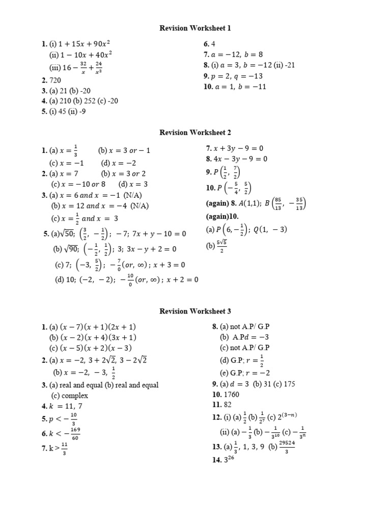 Add Maths - (Revision Worksheet 1,2,3,4 Answers) | PDF | Chess Theory ...