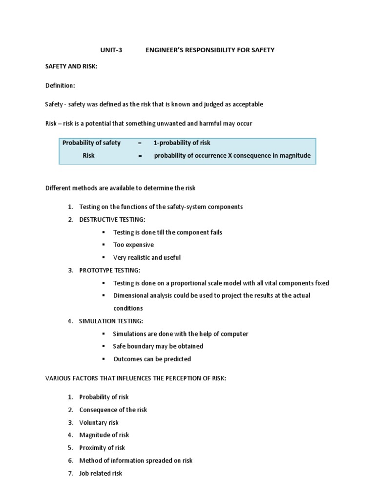 UNIT-3 Engineer'S Responsibility For Safety | PDF | Risk | Safety