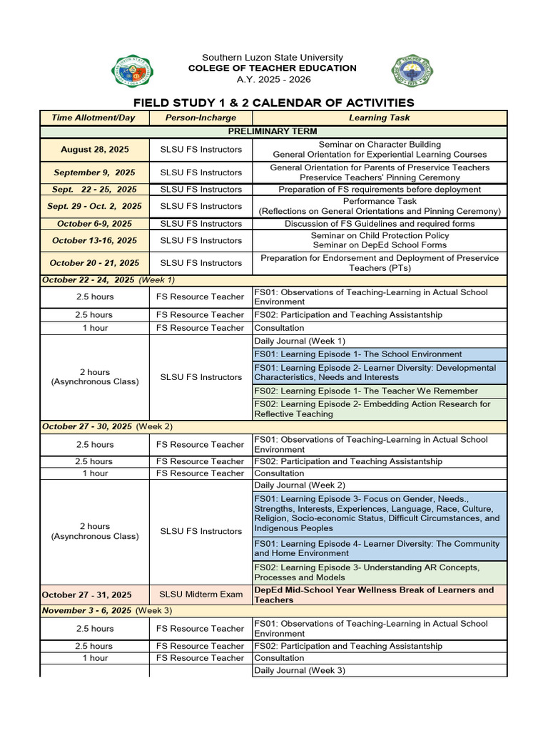 FS Calendar Catch Up Plan First Sem AY2025 2026 | PDF | Teachers | Learning