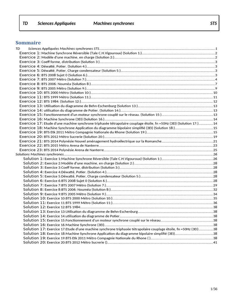 Exercices et Solutions Machines Synchrones | PDF | Instruments ...