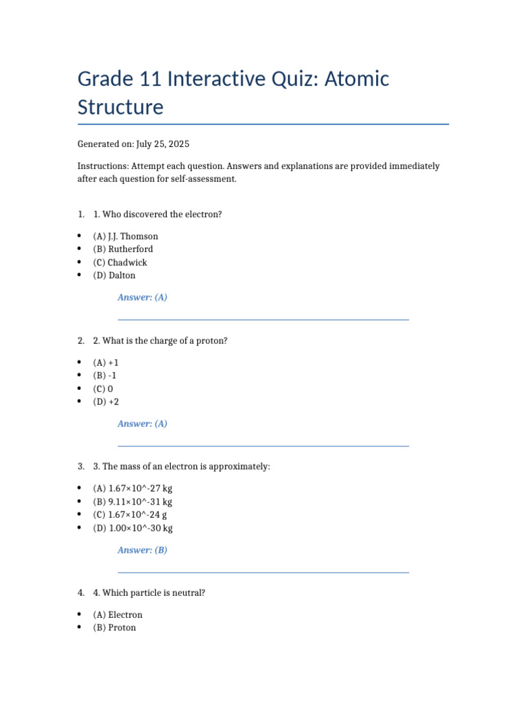 Grade 11 Atomic Structure Quiz | PDF