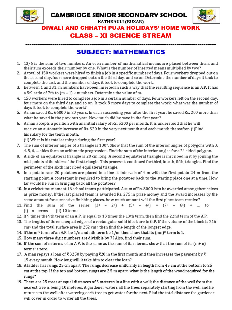 Class XI Math Homework for Diwali | PDF | Acceleration | Force
