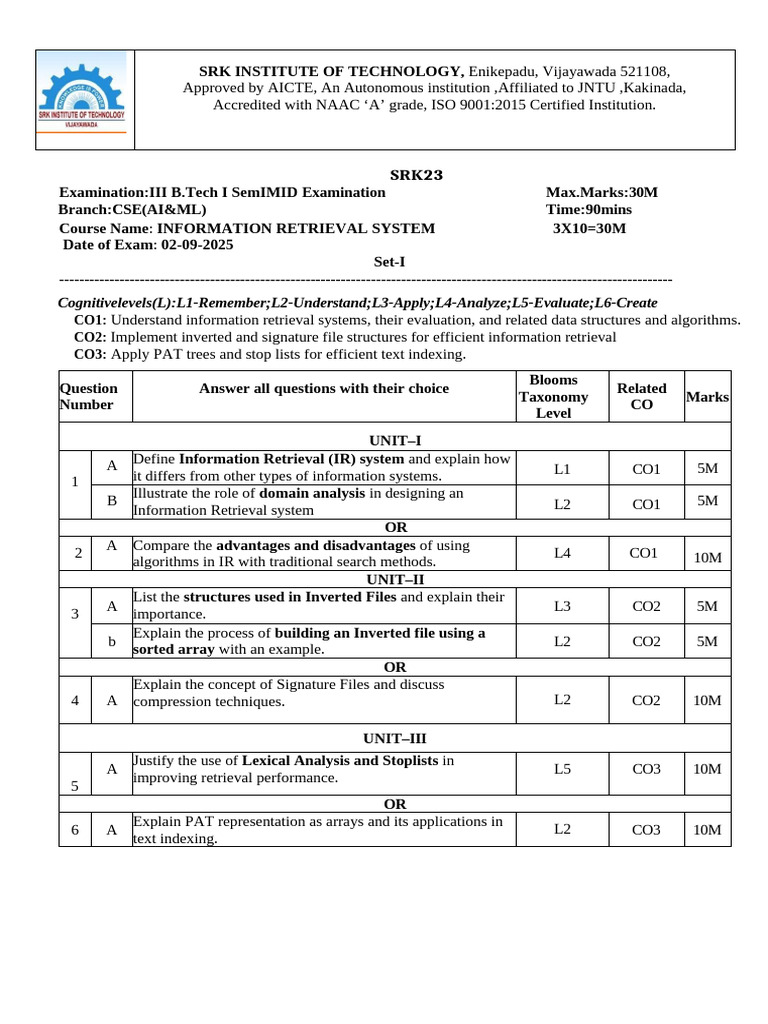 Irs- Mid1 -III Year | PDF | Information Retrieval | Information