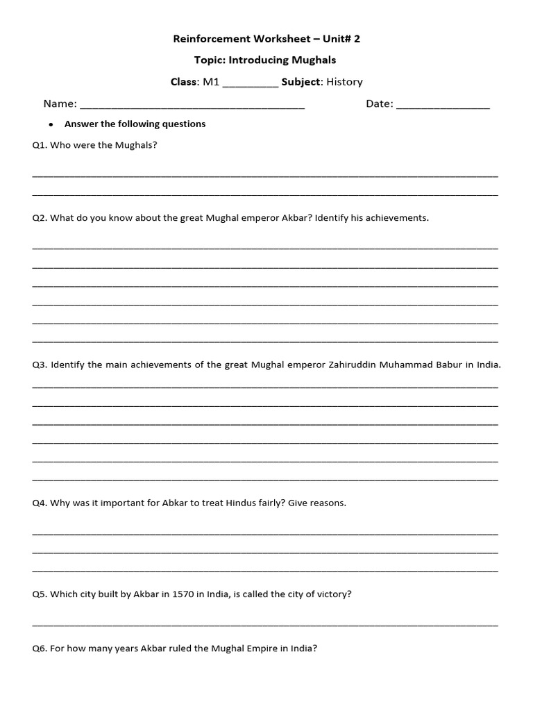 M1 Reinforcement Worksheet Unit 2 | PDF | Mughal Empire