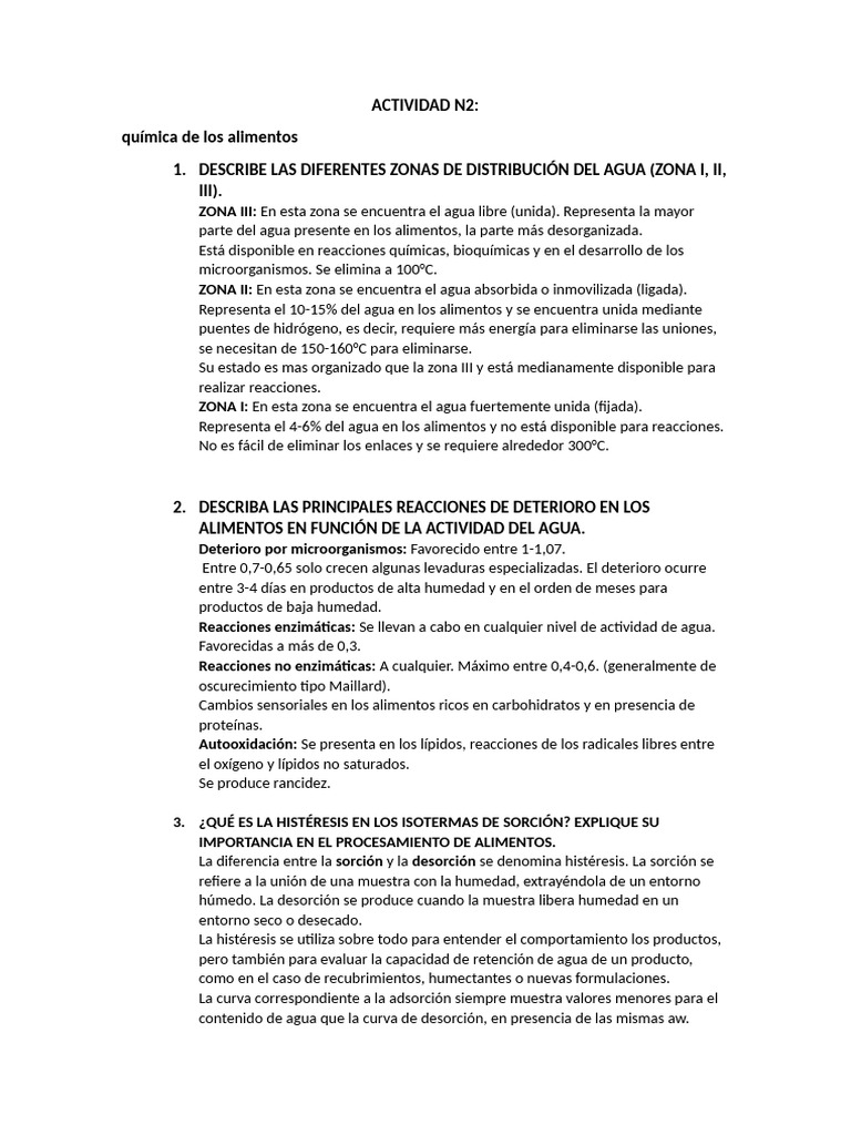 ACTIVIDAD N2 Quimica de Los Alimentos | PDF | Agua | Alimentos