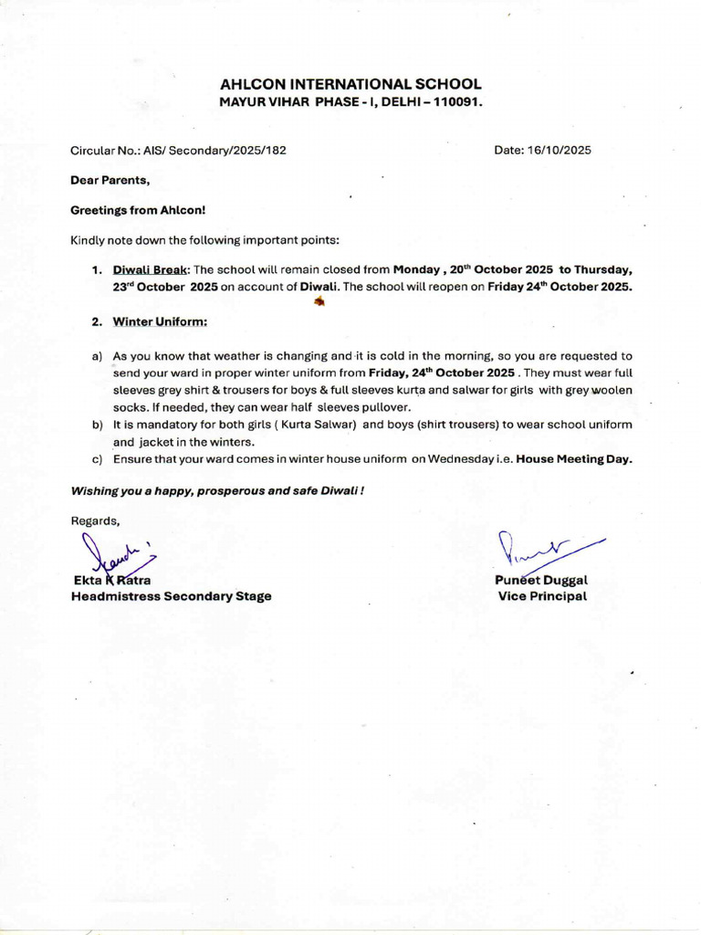 Circular - Diwali Break, Winter Uniform 2025 | PDF
