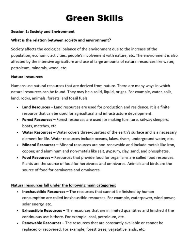 Green Skills Class 9 Notes | PDF | Sustainability | Sustainable Development