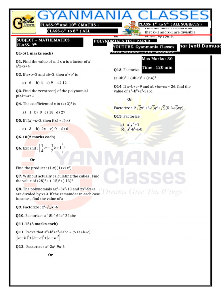 Polynomial Test Paper for Class 9 | PDF | Mathematics | Applied Mathematics