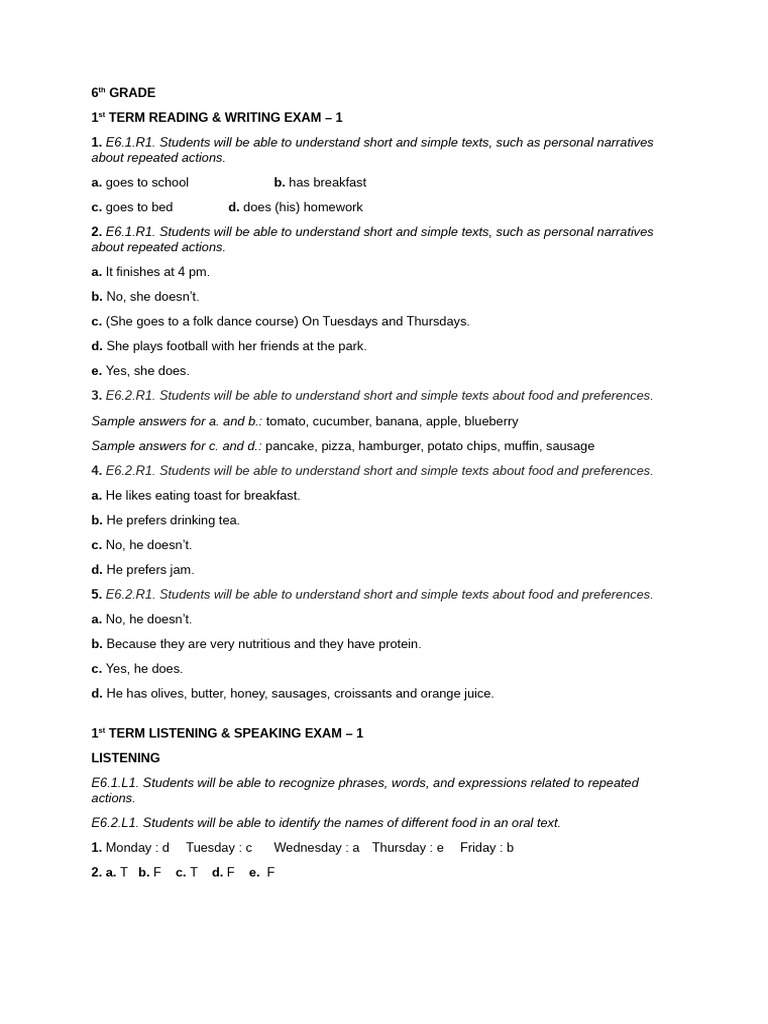 Grade 6 Term 1 Exam 1 - Answer Key | PDF