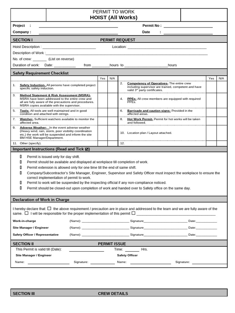 Hoist Work Permit Template | PDF | Safety