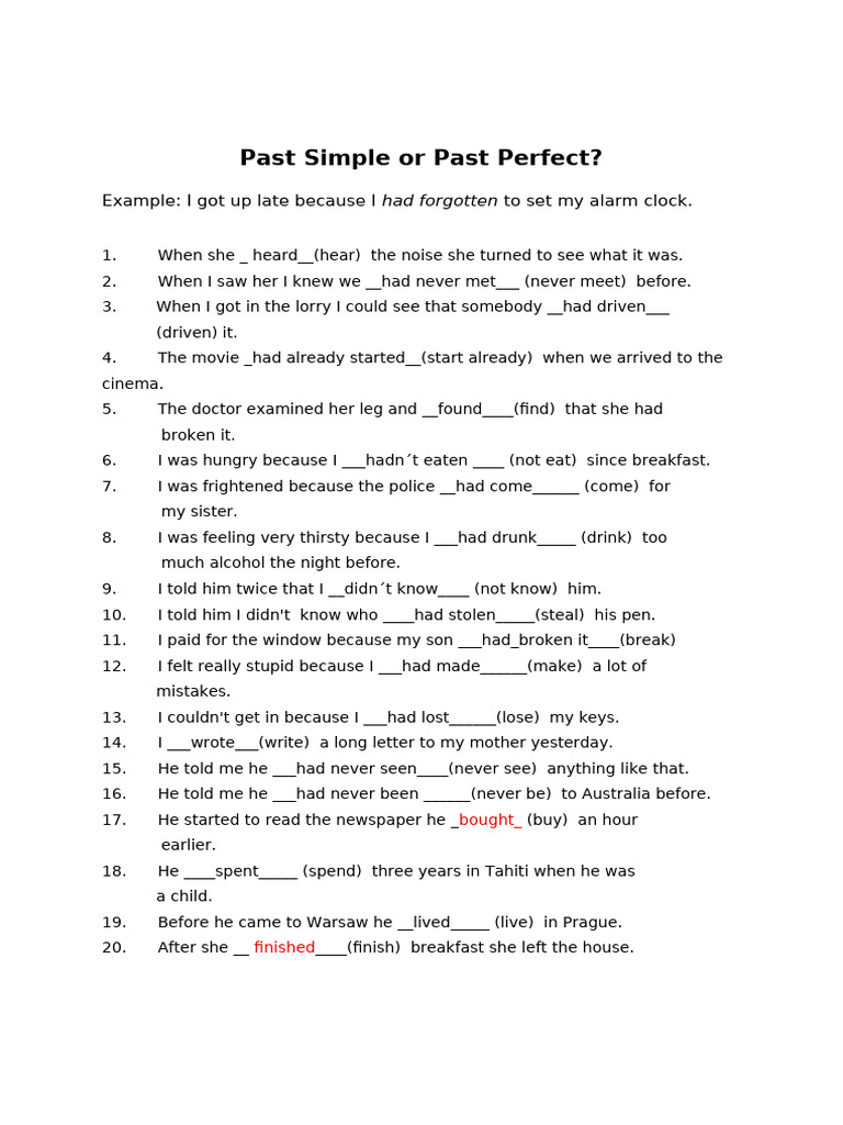 Past Perfect + Past Perfect Worksheet 2 | PDF