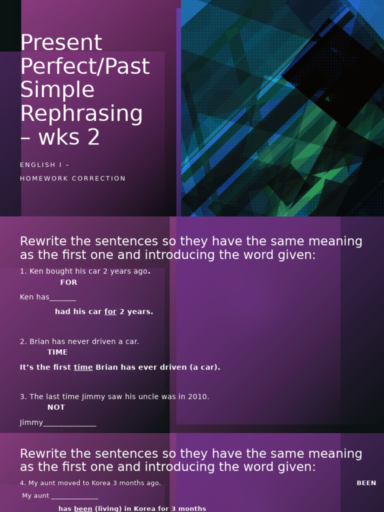 Present Perfect Rephrasing Wks 2 Answers | PDF