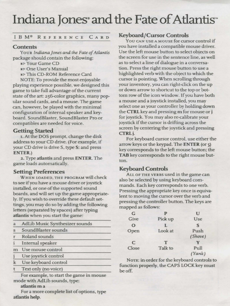 Indiana Jones and The Fate of Atlantis - IBM Reference Card - EN | PDF ...