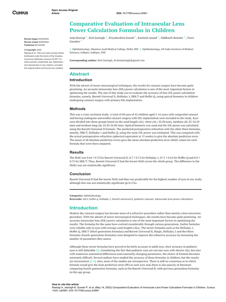 IOL Power Calculation in Pediatric Cataract | PDF | Light | Vision
